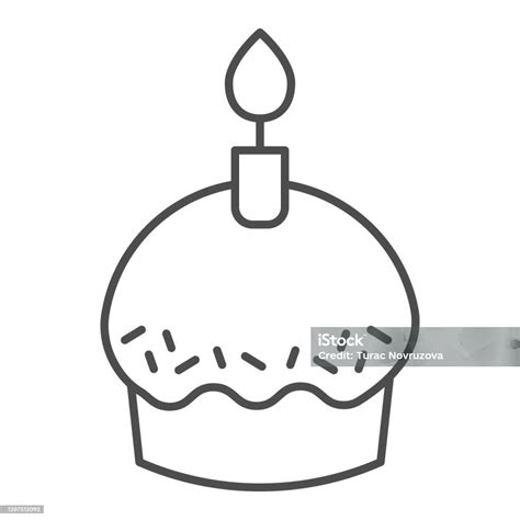 컵 케이크 얇은 라인 아이콘입니다 파티 휴일 또는 불타는 촛불 부활절 머핀 생일 벡터 디자인 개념 흰색 배경에 윤곽 스타일 그림 웹 및 응용 프로그램에 사용 Eps 10