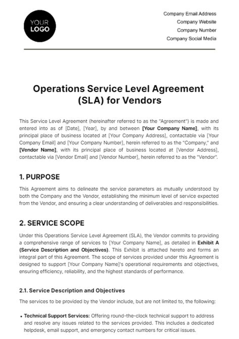 Free Operations Service Level Agreement Sla For Vendors Template To Edit Online
