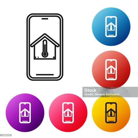 흰색 배경에 격리 된 집 온도 아이콘과 검은 선 휴대 전화 온도계 아이콘입니다 아이콘 다채로운 원 버튼을 설정합니다 벡터 일러스트레이션 0명에 대한 스톡 벡터 아트 및 기타