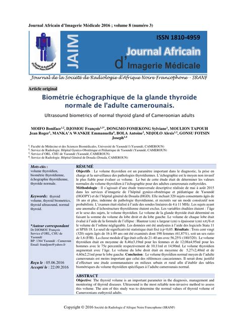 Pdf Ultrasound Biometrics Of Normal Thyroid Gland Of Cameroonian