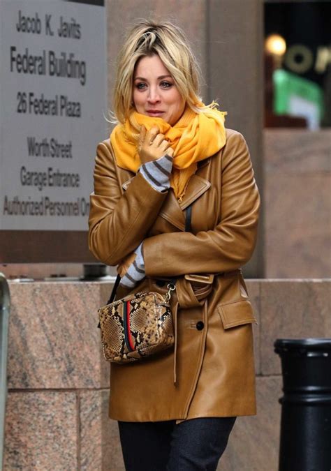 Kaley Cuoco In A Beige Leather Trench Coat On The Set Of The Flight
