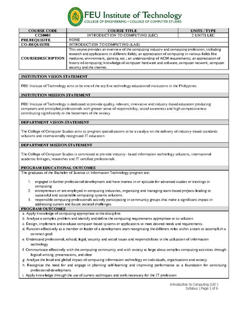 Ccs0001 Introduction To Computing Syllabus Introduction To