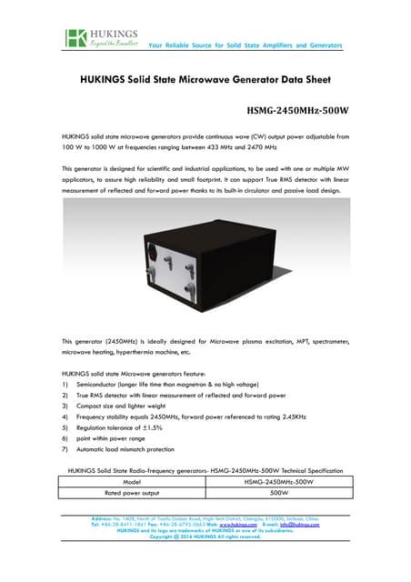 Hukings Solid State Rf Generator Data Sheet Hsrfg 13 56 M Hz 1000w Pdf