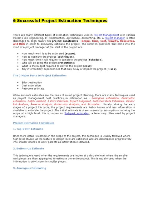 6 Successful Project Estimation Techniques Pdf Project Management Business