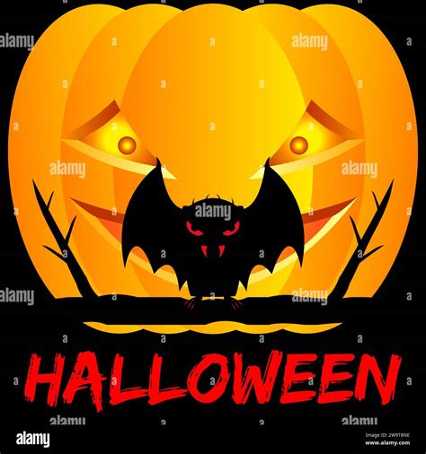 Halloween A Vampire Bat Sits On A Tree Branch Pumpkin And Black