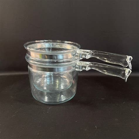 Pyrex Clear Glass Double Boiler With Stainless Outer Ring And Glass Handles 2 Pieces Ready For