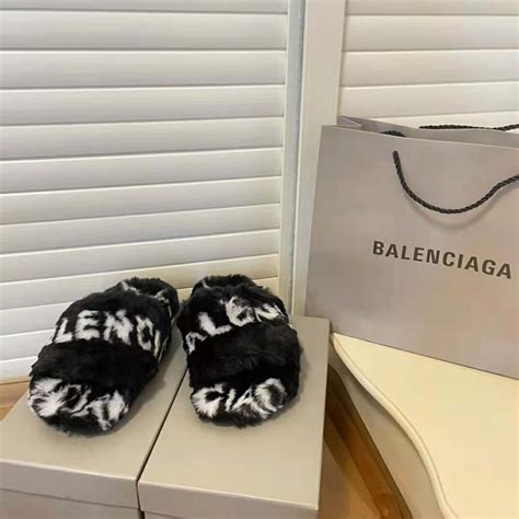 Balenciaga Women Furry Slide Sandal Allover Logo In Black And White