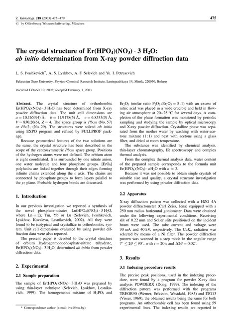 Pdf The Crystal Structure Of Er Hpo4 No3 ∙3h2o Ab Initio Determination From X Ray Powder
