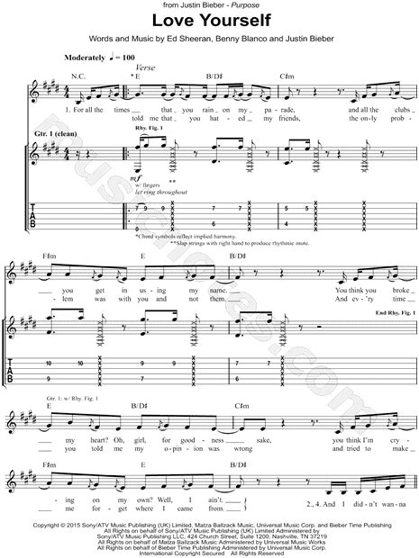 Justin Bieber Love Yourself Guitar Tab In E Major Download And Print