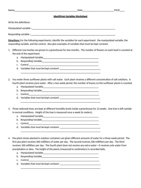Identifying Variables Manipulated And Responding Pdf Water Plants