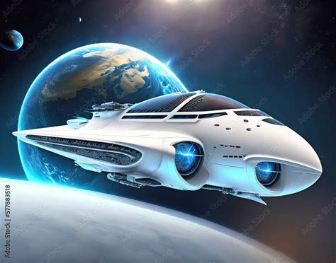Small Sleek White Spaceship With Dark Windows Flying Past Planets In