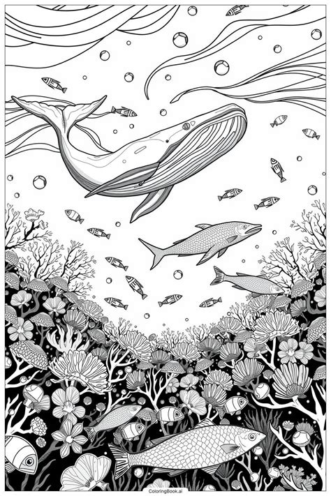 다채로운 고래가 있는 수중 장면 색칠하기 페이지 무료 Pdfandpng 인쇄 가능