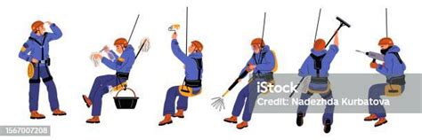 만화 산업 등반가 캐릭터입니다 제복을 입은 남자가 윈치와 함께 안전 케이블에 매달려 있다 고층 빌딩 창문 세척 건물 그림입니다 전문 청소부 화려한 벡터 세트 등정에 대한