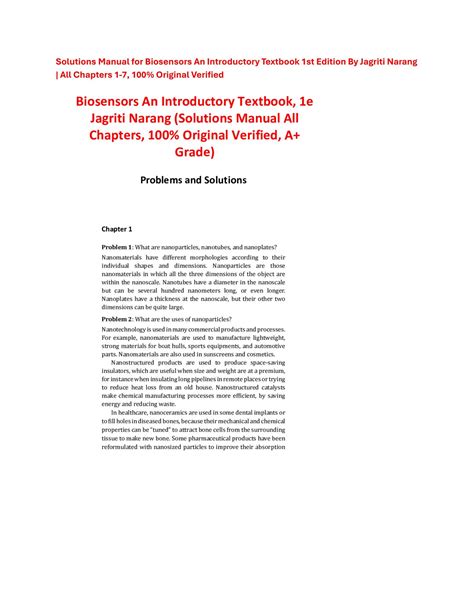 Solutions Manual For Biosensors An Introductory Textbook 1st Edition By Jagriti Narang All