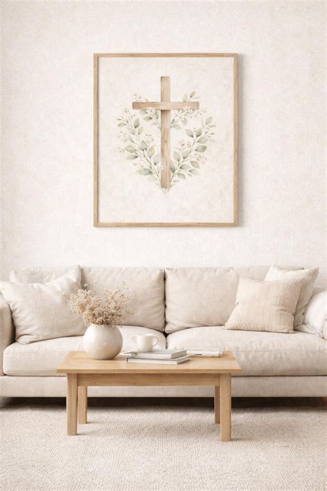 Watercolor Botanical Cross Print Neutral Farmhouse Christian Wall Art