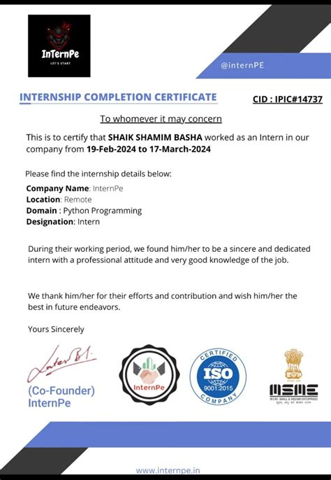 Shamim Basha Shaik On Linkedin Internshipcompletion