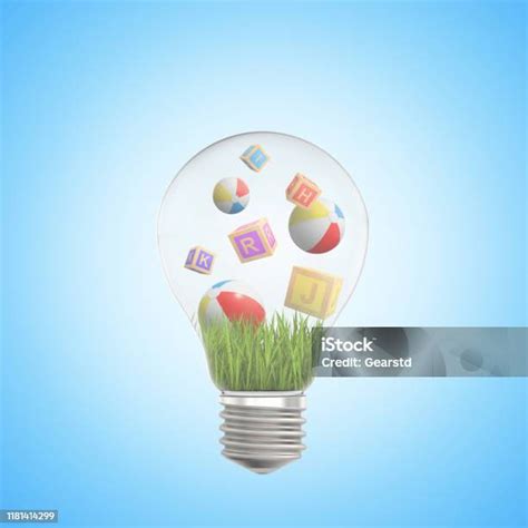 연한 파란색 배경에 풍선 공과 Abc 블록 내부 전구의 3d 렌더링 3차원 형태에 대한 스톡 사진 및 기타 이미지 3차원 형태 개발 개체 그룹 Istock