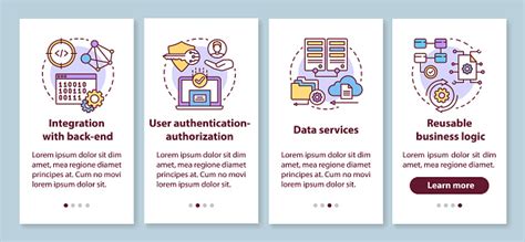 선형 개념의 모바일 앱 페이지 화면에서 소프트웨어 개발 온보딩 백 엔드 연습 4단계 그래픽 지침과 통합합니다 Ux Ui 그림이 있는 Gui 벡터 템플릿 4에 대한 스톡 벡터
