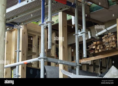 Metal Scaffolding And Wood Building Construction Building Site Stock