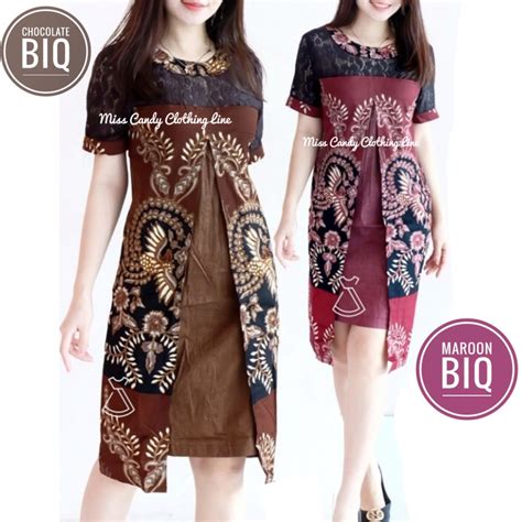 Jual Dress Batik Modern Kombinasi Brokat Dress Batik Kerja Kombinasi