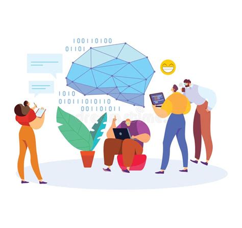 Diverse Team Collaborating In Brainstorming Session Around Geometric Cloud Digital Data Concept