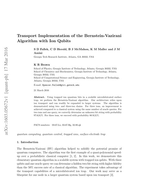 Pdf Transport Implementation Of The Bernstein Vazirani Algorithm With