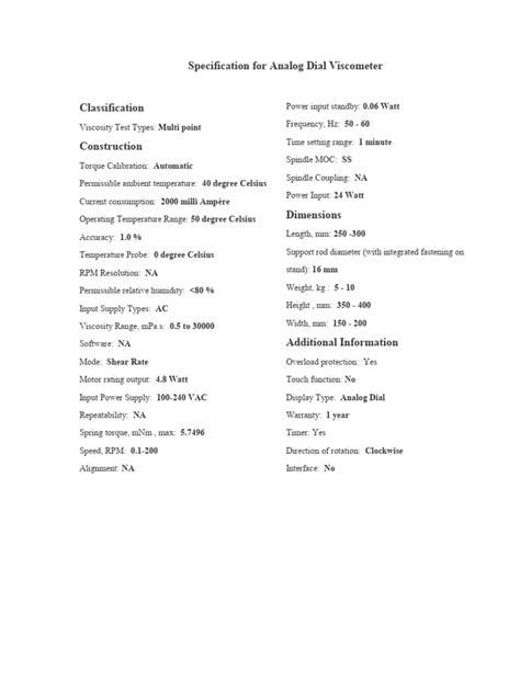 Specification Analog Dial Viscometer Pdf