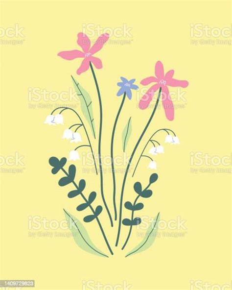 손으로 그린 꽃다발 여름 삽화 식물 나뭇잎 계곡의 백합 브랜드에 맞는 디자인 고립 된 흰색 배경에 벡터 클립 아트 엽서 포스터를위한 템플릿 은방울꽃에 대한 스톡 벡터 아트