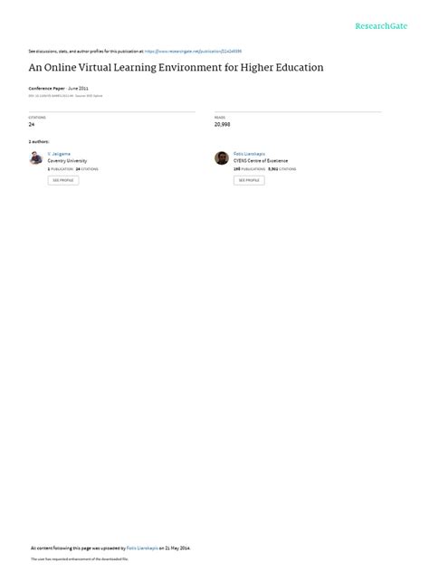 An Online Virtual Learning Environment For Higher Pdf Virtual World Second Life