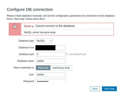 zabbix 6 firster setup connect mariadb mysql server has gone away