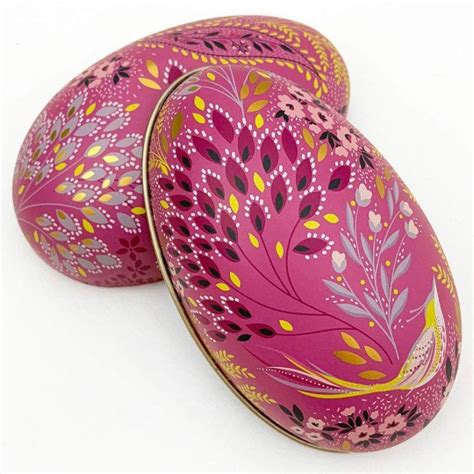 Fuchsia Fancy Floral And Bird Metal Easter Egg Tin ~ 4 1 4 Tall