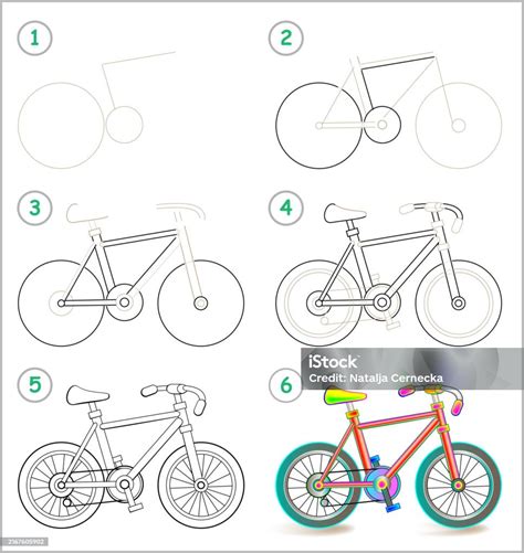 장난감 자전거를 그리는 방법을 단계별로 배우는 방법을 보여주는 페이지입니다 어린이 활동 시트 아이들에게 그림 그리기와 색칠하기