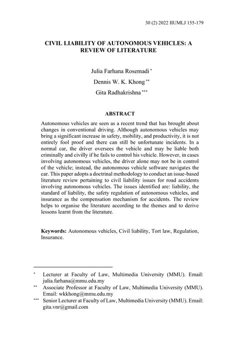 PDF CIVIL LIABILITY OF AUTONOMOUS VEHICLES A REVIEW OF LITERATURE