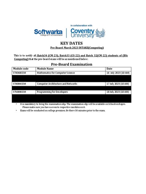 Key Dates March 2023 Computing Preboard Pdf