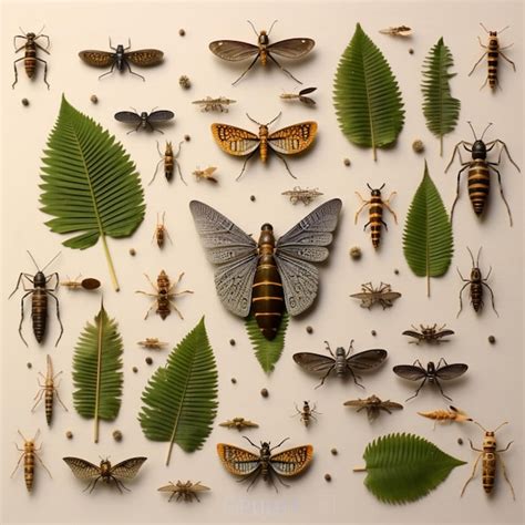 Premium Photo A Close Up Of A Bunch Of Different Insects And Leaves Generative Ai