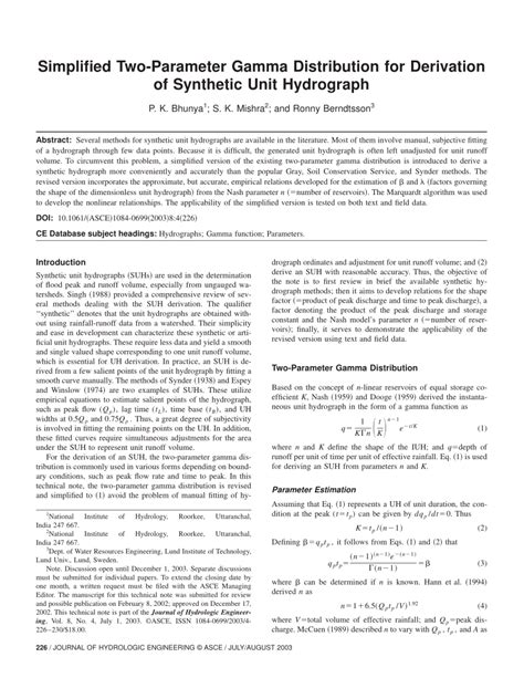 Pdf Simplified Two Parameter Gamma Distribution For Derivation Of Synthetic Unit Hydrograph