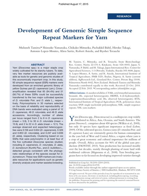 Pdf Development Of Genomic Simple Sequence Repeat Markers For Yam