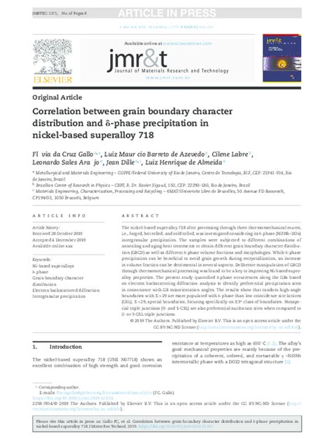 Pdf Correlation Between Grain Boundary Character Distribution And δ Phase Precipitation In