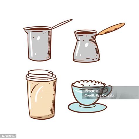 커피 포트 종이 컵 블루 컵 손으로 그린 스케치 라인 아트 스타일 벡터 그림입니다 0명에 대한 스톡 벡터 아트 및 기타 이미지 Istock