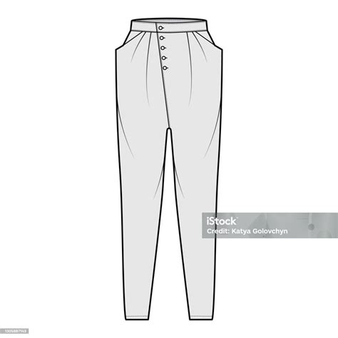 낮은 허리 상승 슬래시 포켓 드레이핑 프론트 전체 길이 플랫 테이퍼드 Baggy 바지 기술 패션 일러스트 0명에 대한 스톡 벡터 아트 및 기타 이미지 Istock