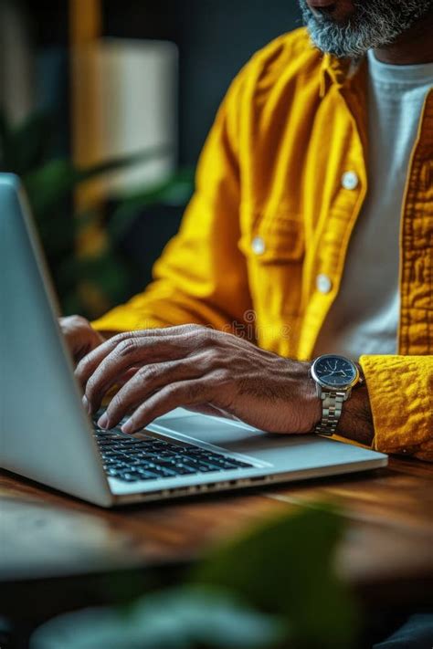 Close Up Of A Person Typing At A Desk With Sunlight And Plants Stock Image Image Of Watch