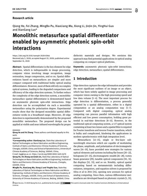 Pdf Monolithic Metasurface Spatial Differentiator Enabled By