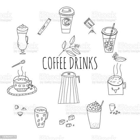 손으로 그린 낙서 벡터 는 유리와 플라스틱 컵과 커피 냄비에 다양한 커피 음료 세트의 일러스트 흰색 배경에 격리 개체 그룹에 대한 스톡 벡터 아트 및 기타 이미지 Istock