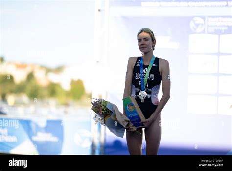 Cassandre Laure Beaugrand On The Podium With The Awards Ceremony In The 2023 World Triathlon