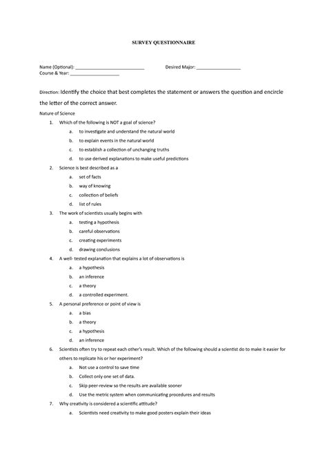 survey questionnaire survey questionnaire name optional
