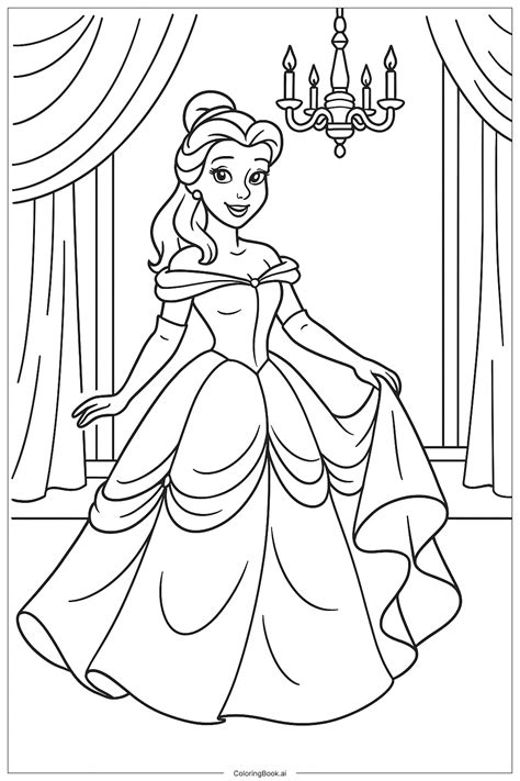 금빛 무도회 드레스를 입은 공주 벨 색칠하기 페이지 무료 Pdfandpng 인쇄 가능