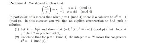 solved problem 4 we showed in class that 1 p 1 mod 4 1 1