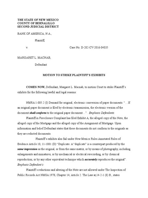 Motion To Strike Plaintiffs Exhibits