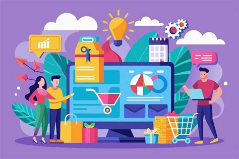 Two Characters Interact With A Large Screen Displaying Ecommerce Graphics And Shopping