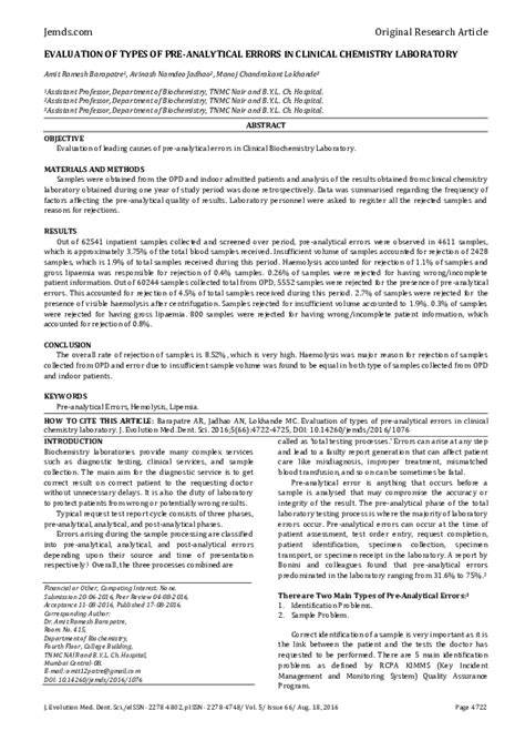 Pdf Evaluation Of Types Of Pre Analytical Errors In Clinical Chemistry Laboratory